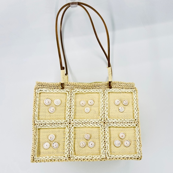 Bags | Vtg Woven Straw Raffia Box Shoulder Bag Basket Real Sea Shell ...